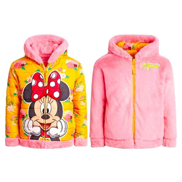 Disney | Jackets & Coats | Disney Minnie Mouse Puffer Faux Fur Hooded ...